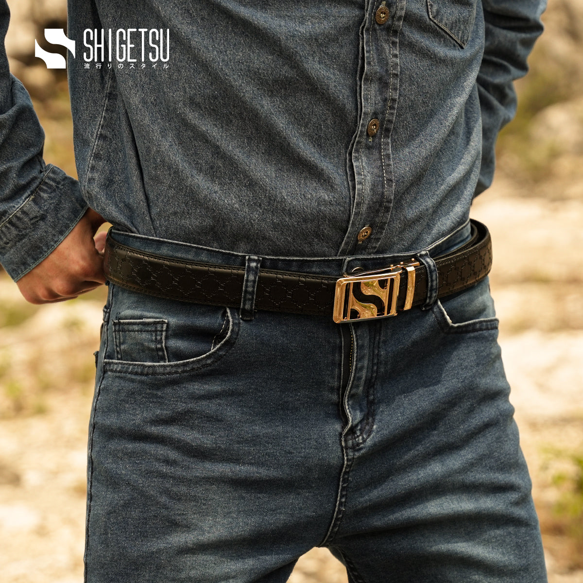 Signature Monogram HIRATSUKA Debossed Black Gold Belt for Men – Shigetsu