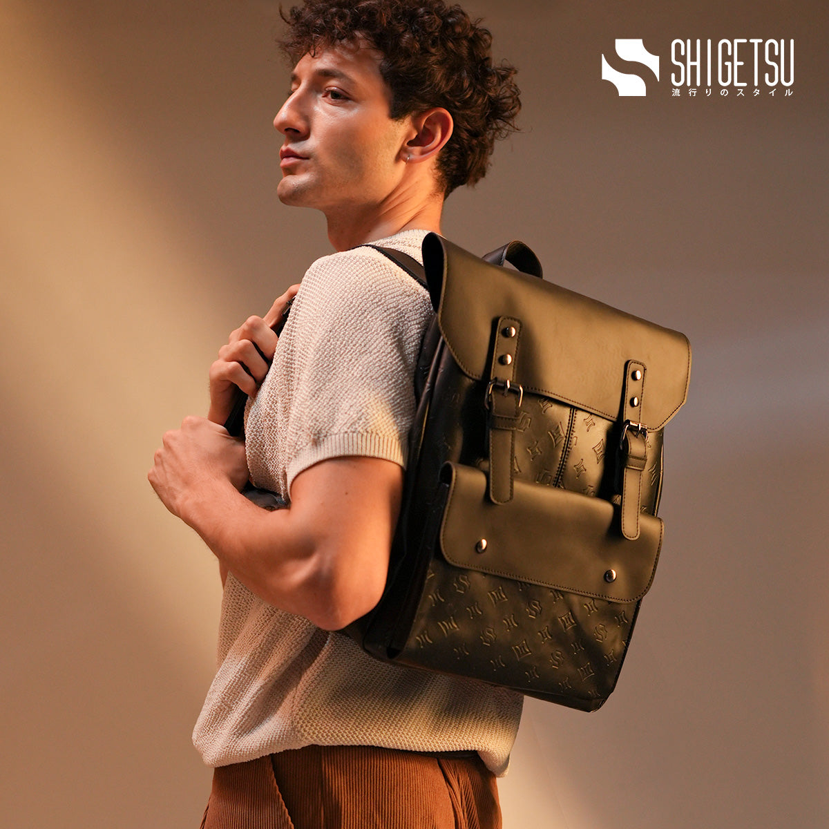 Shigetsu HOKKAIDO Debossed Bag Leather Backpack for men