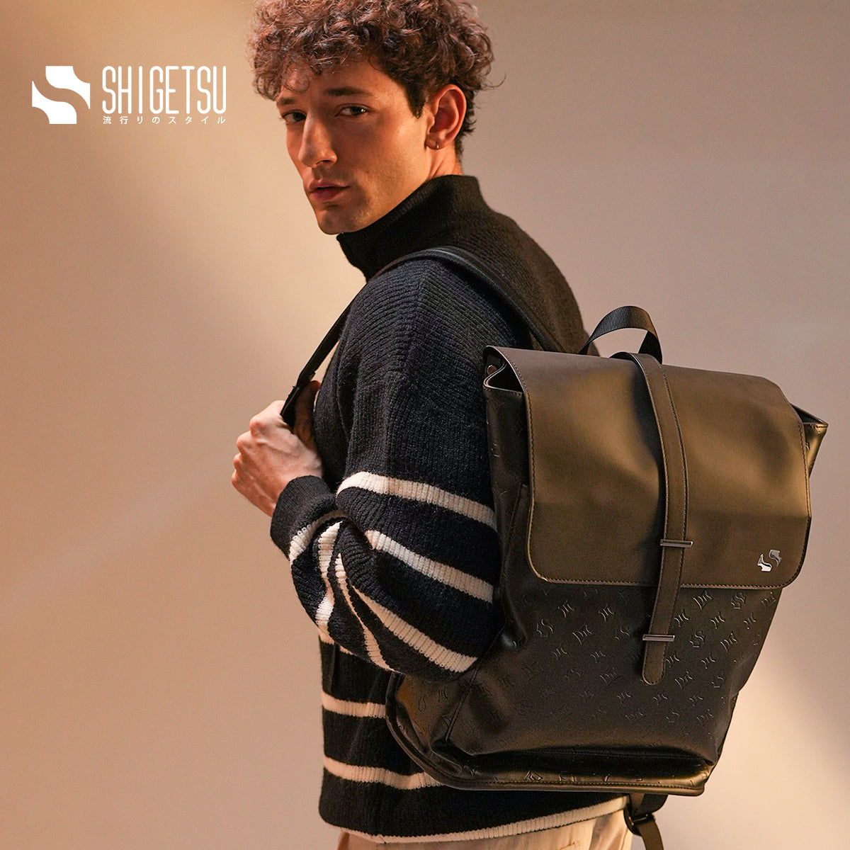 Shigetsu HYUGA Debossed Monogram Bag Leather Backpack for School men